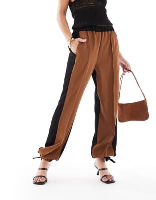 French Connection contrast stripe trousers with drawstring leg in pecan ...