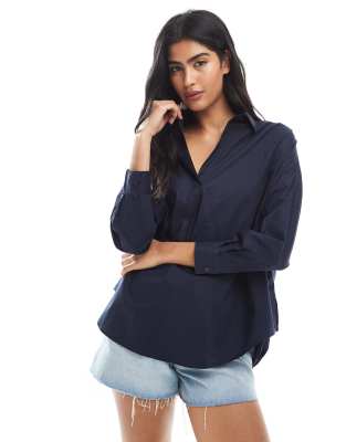 French Connection Cotton long sleeve poplin popover high-low hem shirt ...