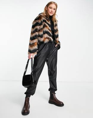 French Connection Dallow faux fur coat with collar in zigzag brown | ASOS