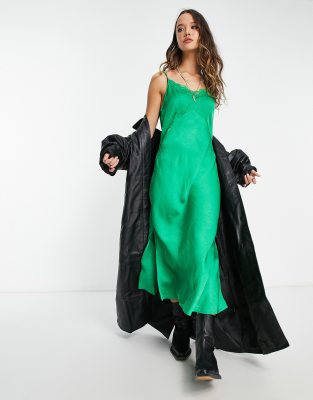 French Connection dola drape lace trim slip dress in green | ASOS