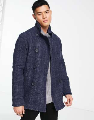 French Connection double breasted funnel coat in blue check | ASOS