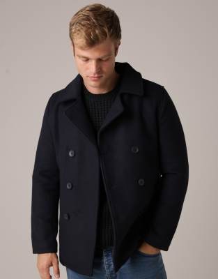 French Connection Double breasted funnel pea coat in navy | ASOS