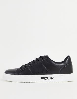 French Connection faux leather lace up trainers in black | ASOS