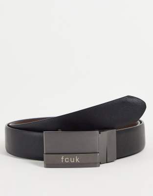 French Connection FCUK leather reversible plaque buckle belt in black ...