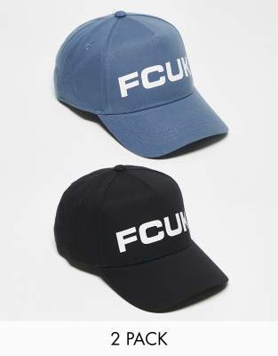 French Connection FCUK logo cap 2 pack in black and light blue | ASOS