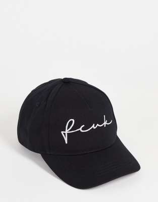 French Connection FCUK script logo baseball cap in black | ASOS