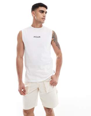 French Connection FCUK sleeveless t-shirt vest in white with black logo ...