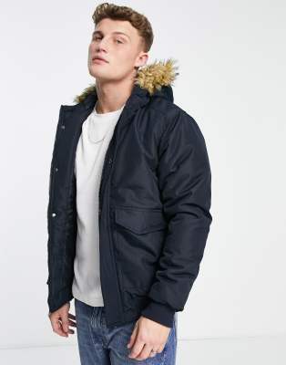 French Connection flight jacket with faux fur hood in navy | ASOS