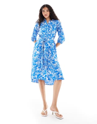 French Connection floral tie waist midi dress in blue | ASOS
