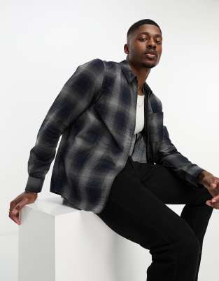 French Connection full zip check shirt in navy | ASOS
