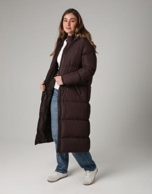 French Connection Longline quilted puffer jacket with hood in chocolate ...