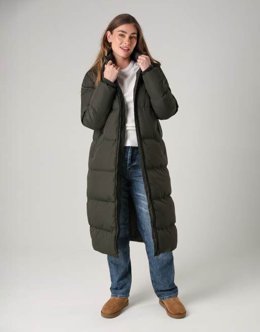 French Connection Longline quilted puffer jacket with hood in khaki | ASOS