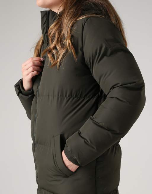 French Connection Longline quilted puffer jacket with hood in khaki | ASOS