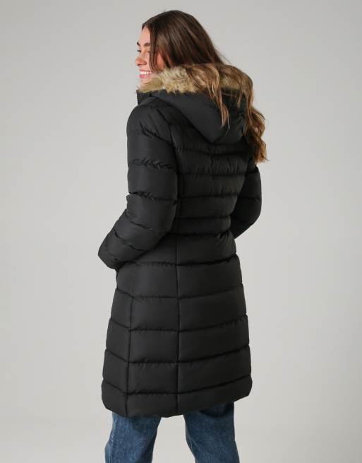 French Connection Midi padded parka jacket with faux fur hood in black ...