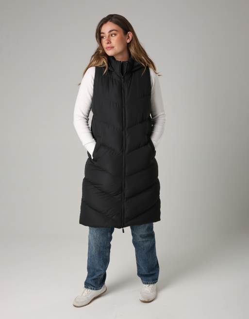 French Connection Midi quilted gilet with hood in black | ASOS