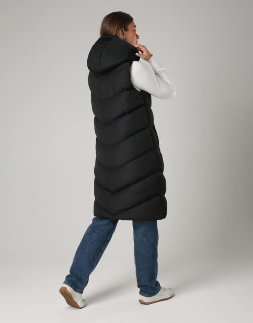 French Connection Midi quilted gilet with hood in black | ASOS