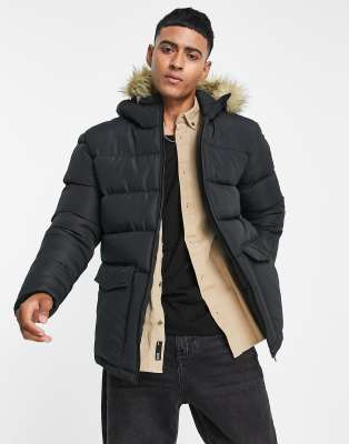 French Connection padded parka jacket with faux fur hood in black | ASOS