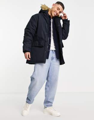 French Connection parka jacket with faux fur hood in navy | ASOS