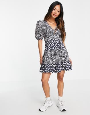 French Connection puff sleeve ditsy floral mini dress in blue | ASOS