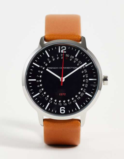 French Connection real leather strap watch in tan brown | ASOS