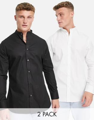 French Connection - Set van 2 overhemden zonder kraag in wit en zwart ...