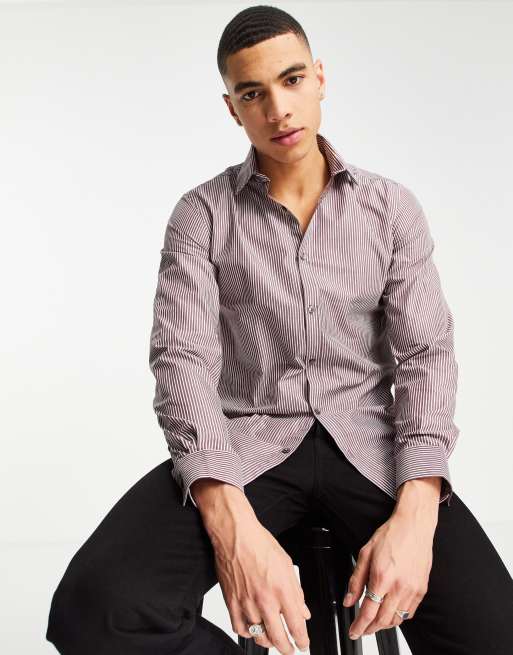 French Connection striped poplin slim fit shirt in burgundy | ASOS