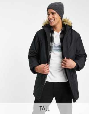 French Connection Tall Parka Jacket With Faux Fur Hood In Black | ModeSens