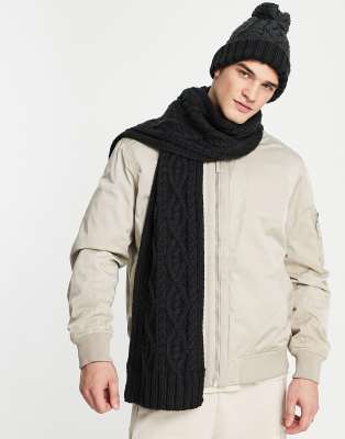 French Connection two colour cable hat and scarf set in navy/khaki | ASOS