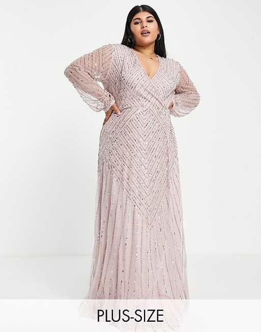 Frock And Frill Plus - Bruidsmeisjes - Lange jurk met overslag in taupe ... Frock And Frill Plus - Bruidsmeisjes - Lange jurk met overslag in taupe ...