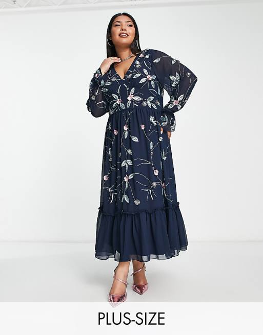 Frock And Frill Plus – Granatowa zdobiona sukienka midi wyszywana ... Frock And Frill Plus – Granatowa zdobiona sukienka midi wyszywana ...
