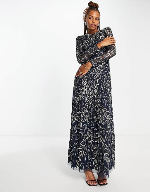 Frock And Frill – Premium – Granatowa sukienka maxi zdobiona na całej ... Frock And Frill – Premium – Granatowa sukienka maxi zdobiona na całej ...