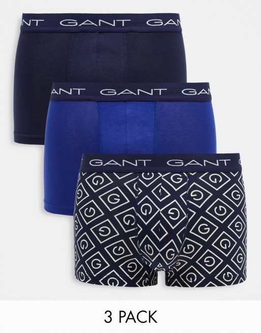 Gant 3 pack trunks in navy with all over logo print | ASOS