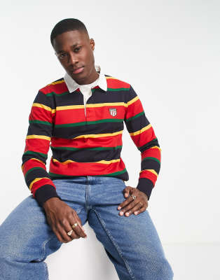 GANT banner shield logo stripe heavy rugby polo in red | ASOS