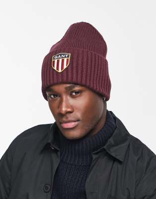 GANT - Bonnet en laine avec logo écusson oversize - Rouge bordeaux | ASOS