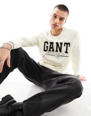 GANT collegiate logo relaxed fit cotton knit jumper in cream | ASOS