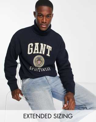 Gant Crest Shield Logo Roll Neck Knit Sweater In Navy | ModeSens