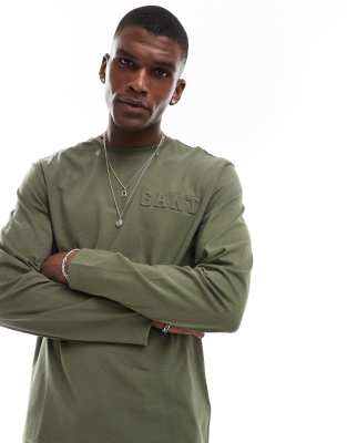 GANT embossed tonal logo long sleeve t-shirt in khaki | ASOS