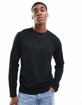 GANT embossed tonal shield logo long sleeve t-shirt in black | ASOS