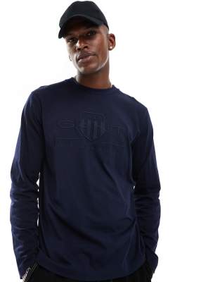 GANT embossed tonal shield logo long sleeve t-shirt in navy | ASOS
