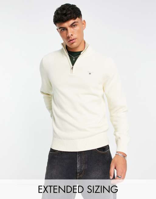 GANT – Icon – Schwerer Baumwoll-Strickpullover in Creme mit kurzem ...
