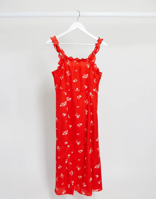 Gilli Square Neck Midi Dress With Ruffle Detail In Red Ditsy Floral Asos