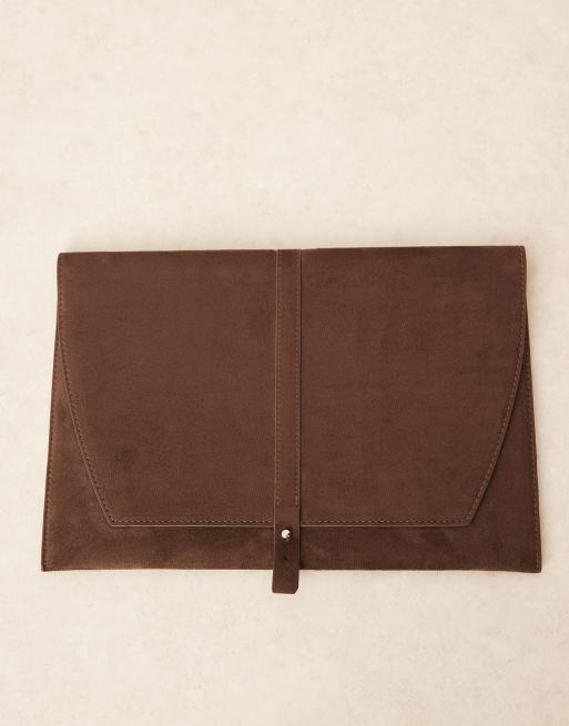 Gina Tricot faux suede fold over laptop case in brown | ASOS