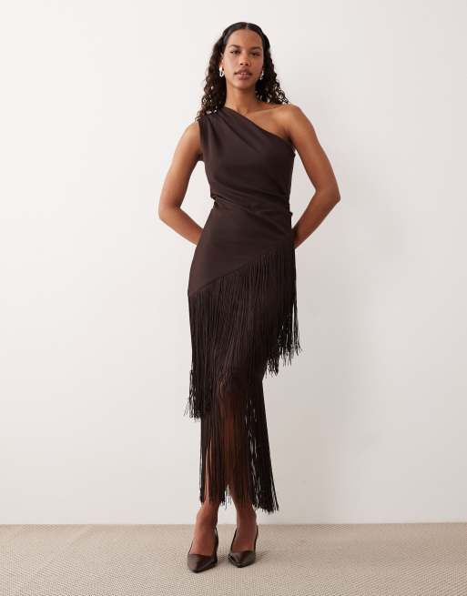 Gina Tricot fringe midi skirt in chocolate brown - part of a set | ASOS