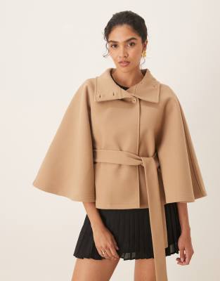 Gina Tricot funnel neck belt cape jacket in beige | ASOS