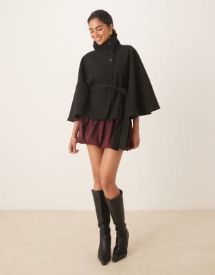 Gina Tricot funnel neck belt cape jacket in black | ASOS