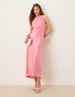 Gina Tricot - Robe mi-longue en satin à col montant - Rose | ASOS