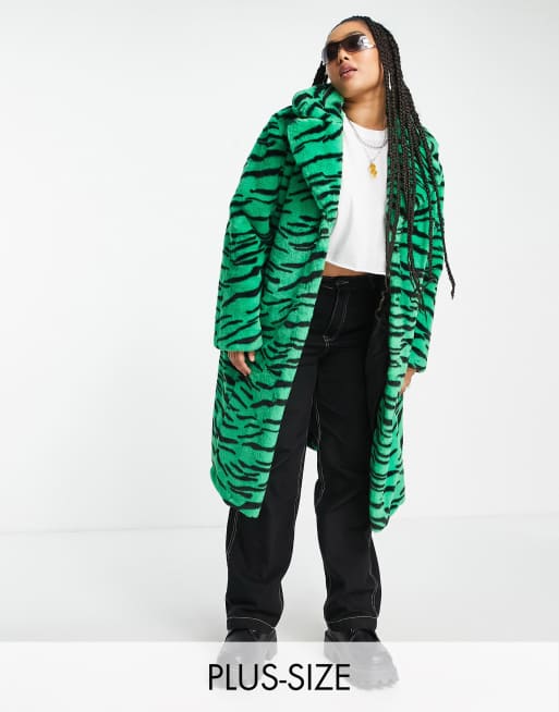 Girlfriend Material Curve faux fur tiger print longline coat in jade ...