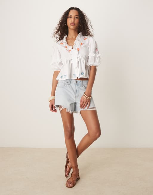 Glamorous boho frill blouse with floral embroidery in white | ASOS
