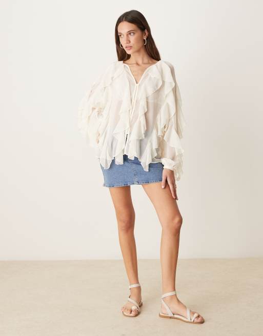 Glamorous boho sheer ruffle frill blouse in white | ASOS