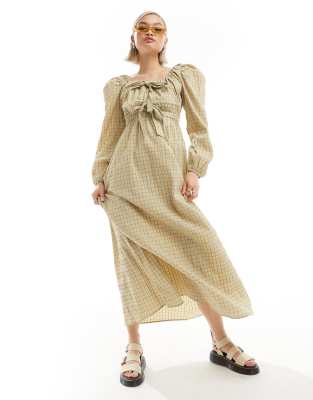 Glamorous bow front ruched detail maxi smock dress in green check | ASOS